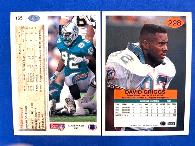 NFL - David Griggs 1992 Upper Deck & 1992 Fleer Football - Dolphins | eBay