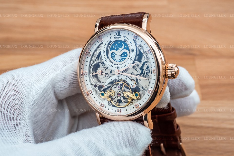 Mens Dual Time Flywheel Automatic Mechanical Watch Rose Gold White Dial ...
