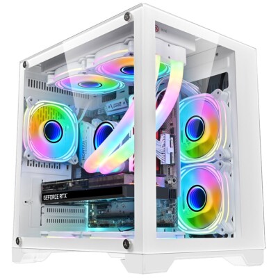 CiT White MATX Gaming Cube PC Case with Tempered Glass Panels 3 x LED ...