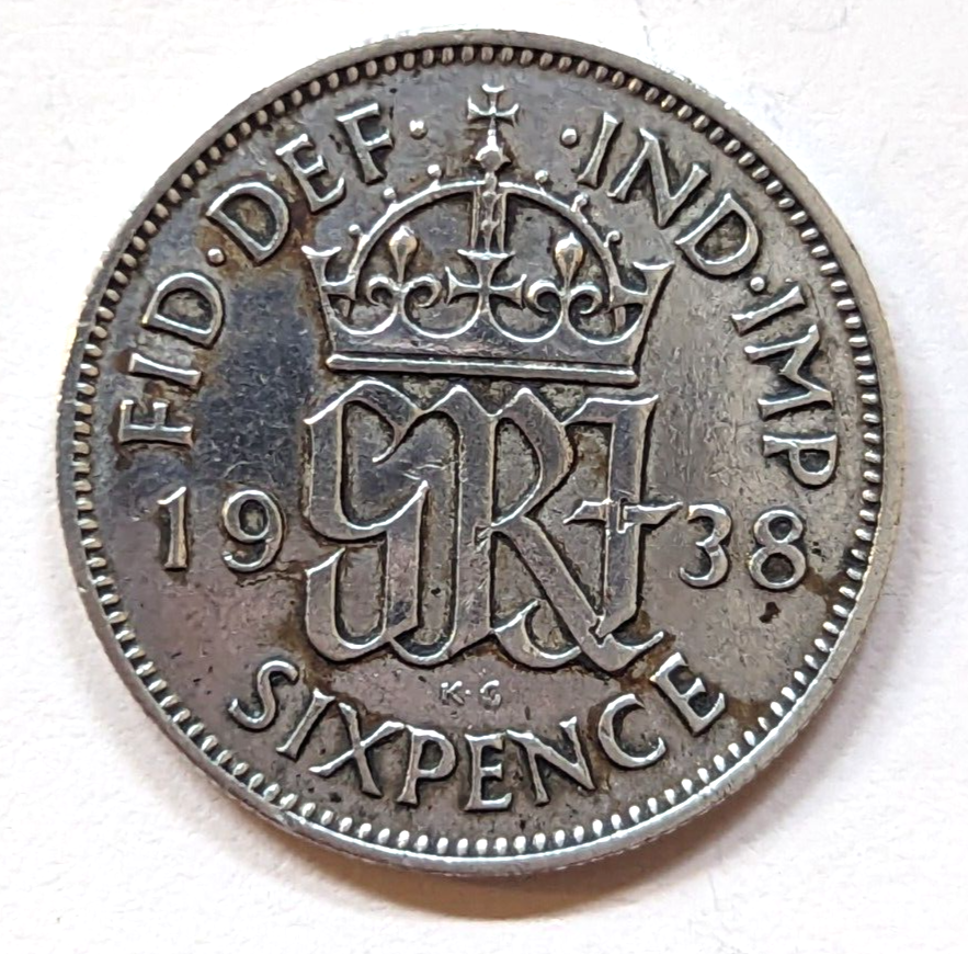 1938 Sixpence GEORGIVS VI D G BR OMN REX England FID DEF IND IMP 6Pence ...