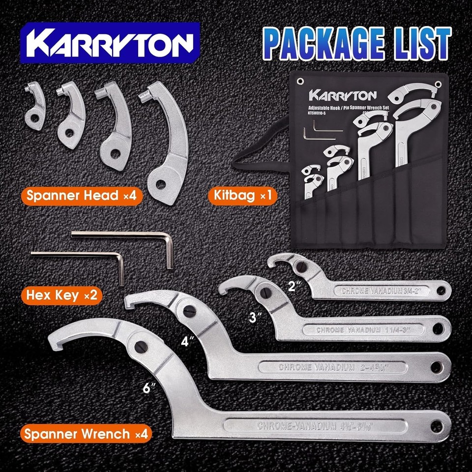 Adjustable Pin Hook Spanner Wrench Set, w/ 8pc Interchangeable Hook and ...