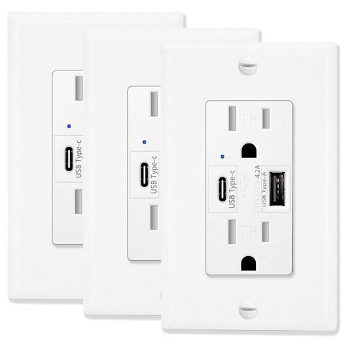 USB Charger Wall Outlet 4.2A Type A & Type C Ports Tamper Resistant TR ...