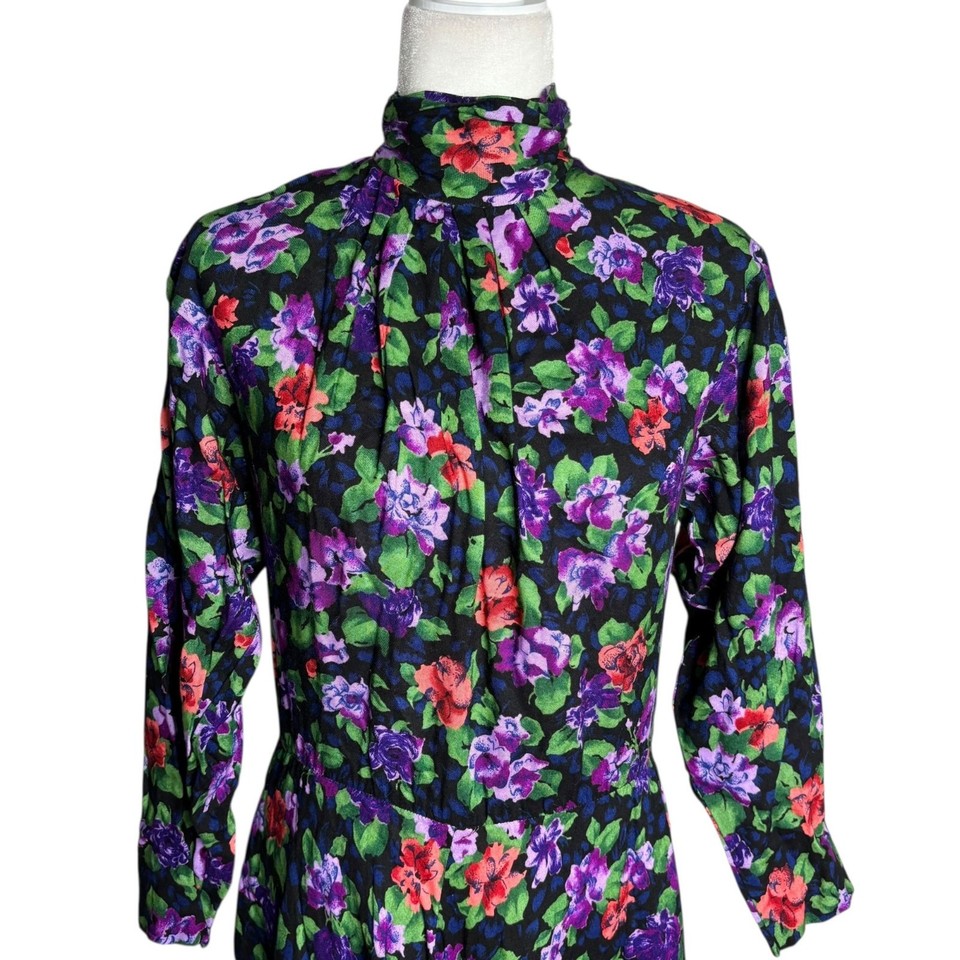 Vintage 80s Floral High Neck Maxi Dress Small Black Button Back Pockets ...