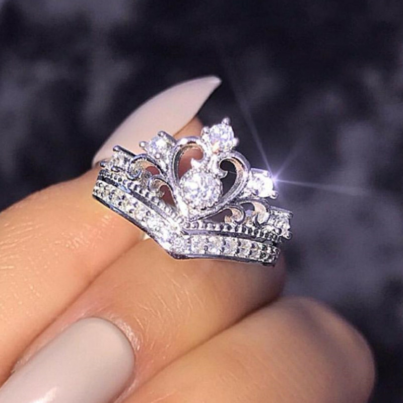 Women Queen Crown Jewelry 925 Silver Ring Cubic Zircon Wedding Ring Sz ...