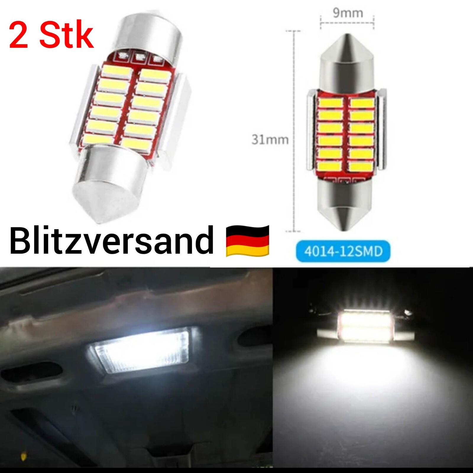 2x Hochleistungs helle LED 12V COB SMD Soffitte 31mm Weiß Innenraum ...