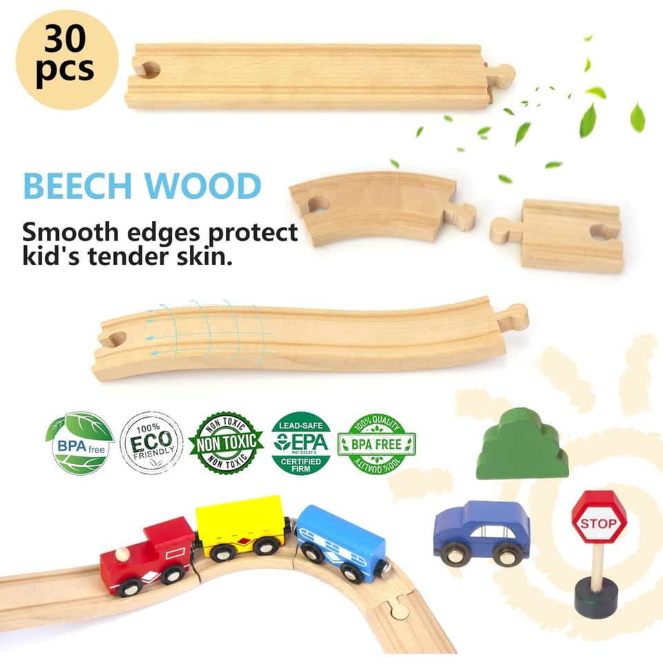Wooden Train Track 30Pcs, Wood Train Tracks Expansion Accessories ...