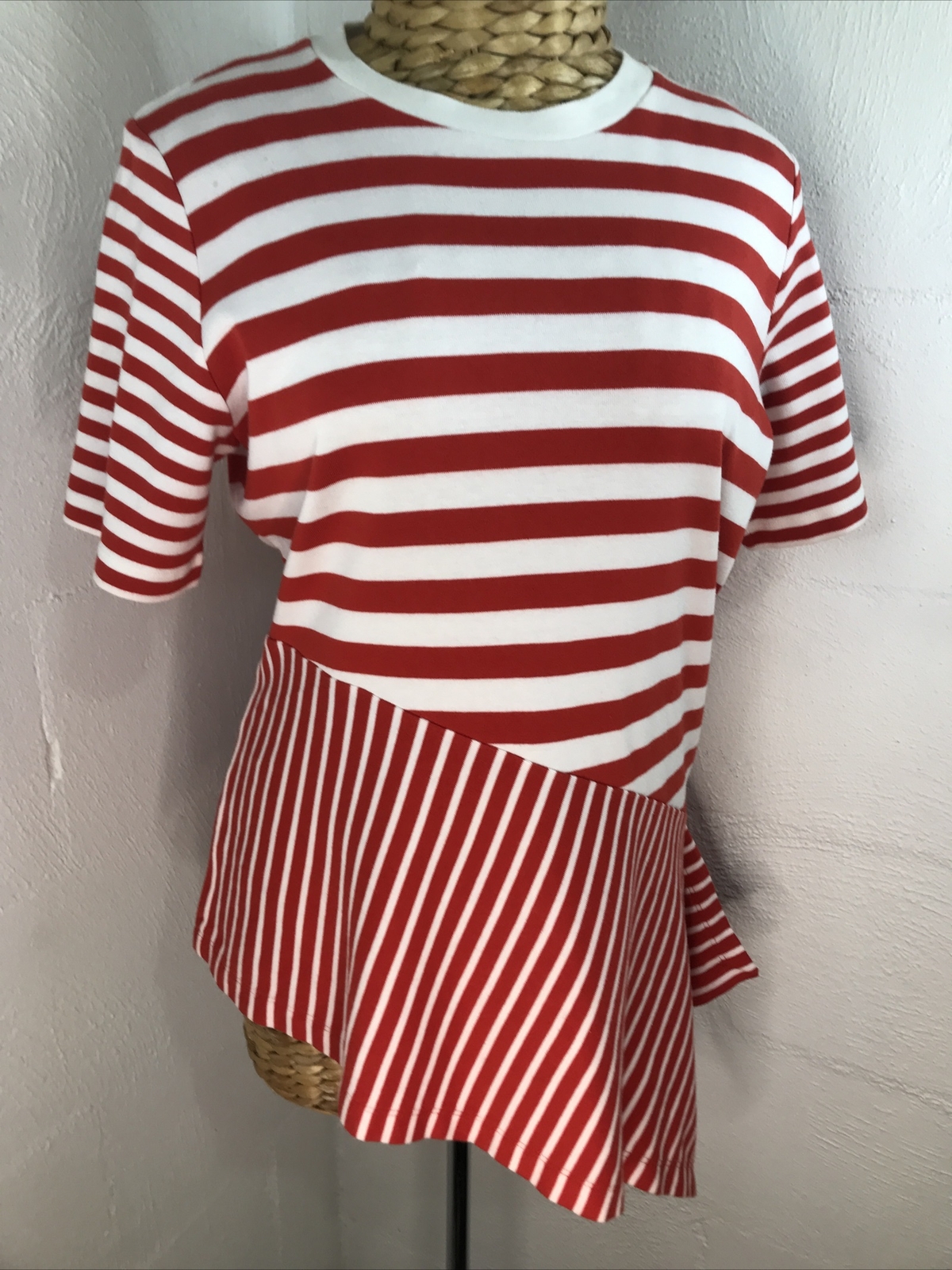 COS Red White Stripe 100% Heavy Cotton Jersey Bias Cut Tshirt Top Sz M ...