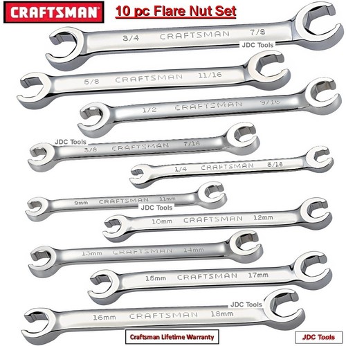 CRAFTSMAN TOOLS 10 pc SAE and MM Flare Nut Wrench Set 9-18 MM 1/4-7/8 ...