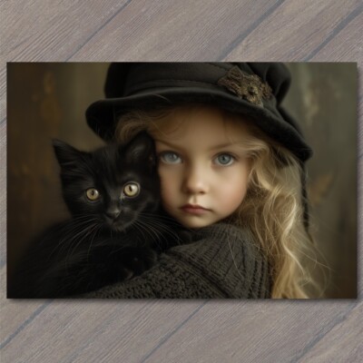 POSTCARD Girl Cat Weird Creepy Pet Old Vibe Unusual Cute Scary Strange ...