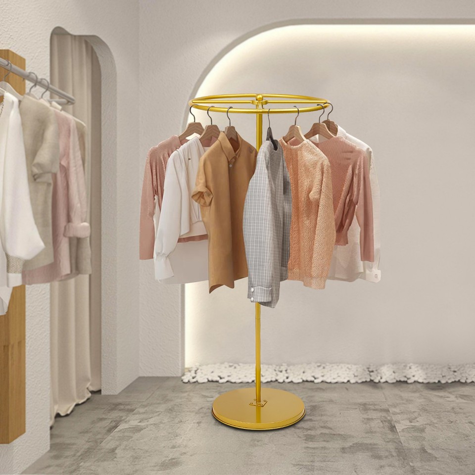 Gold Rotatable Round Garment Rack Floor-Standing Display Clothes Shelf ...