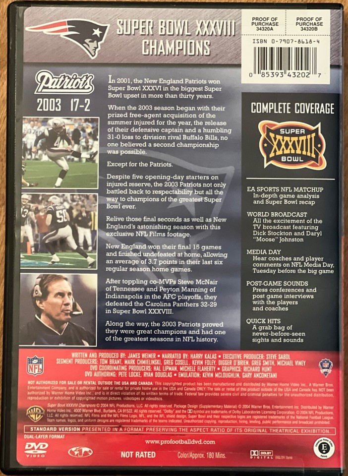 Super Bowl XXXVIII (DVD, 2004). Superbowl DVD for 2003 Patriots (17-2 ...