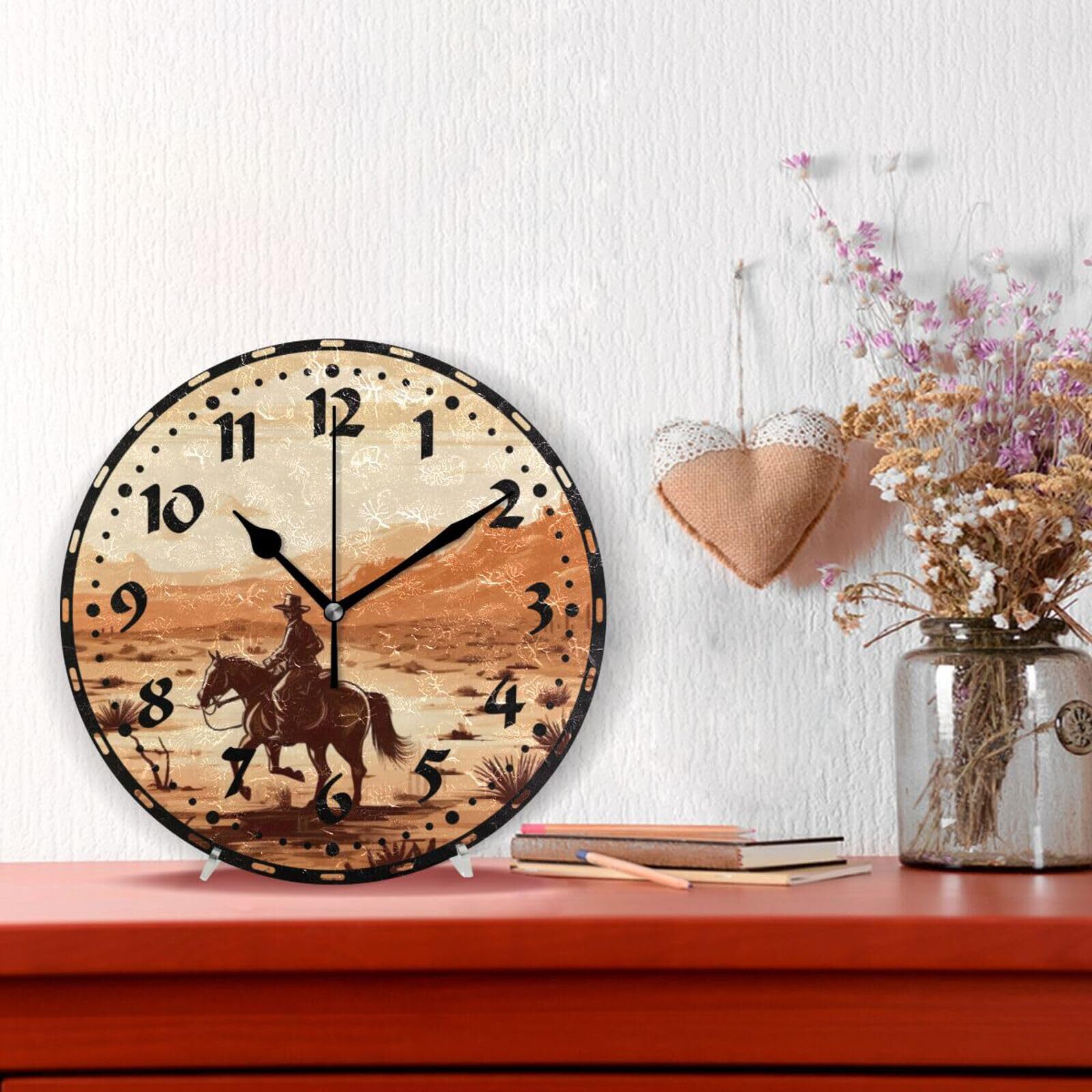 Vintage Western Cowboy Wall Clock Silent Non Ticking 10 Inch Battery ...