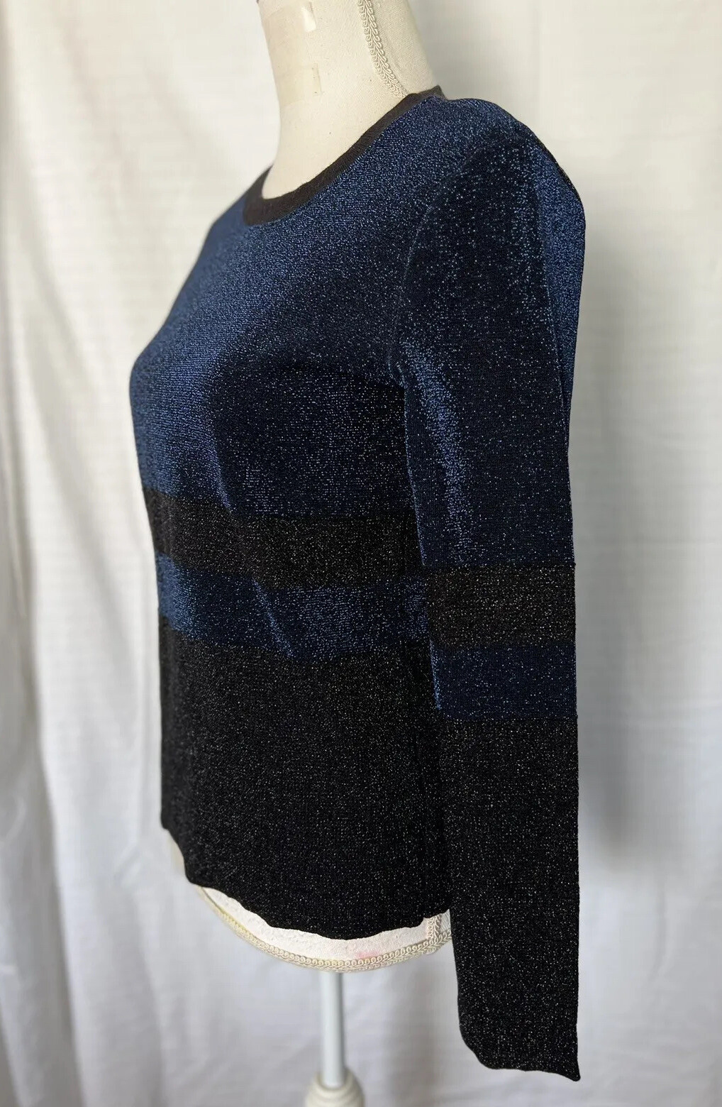 TORY BURCH Women's Lurex Block Metallic Crewneck Sweater Navy/Black ...