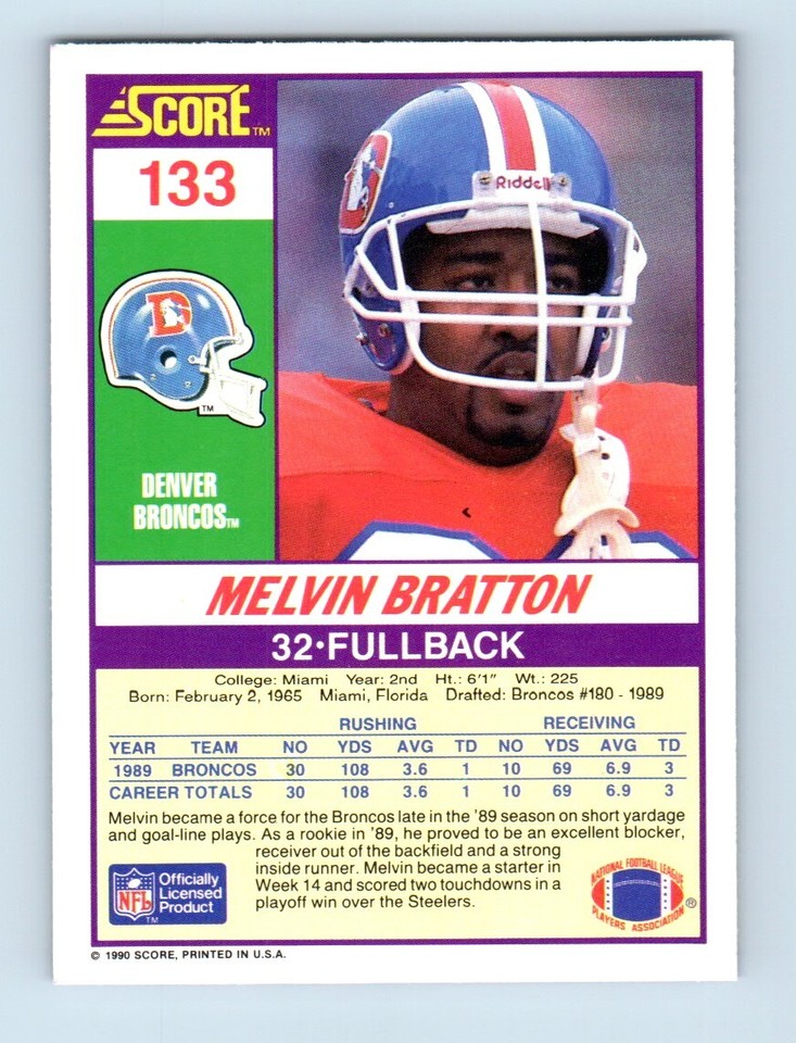 1990 Score Melvin Bratton Rookie Denver Broncos #133 | eBay