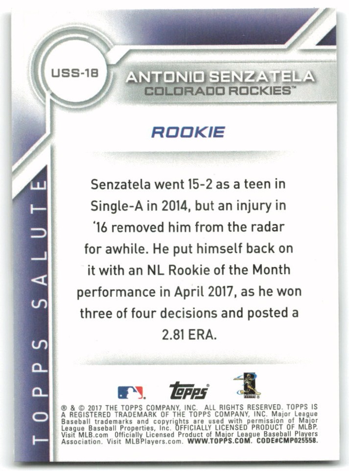 2017 Topps Update #USS-18 Antonio Senzatela Topps Salute Colorado ...