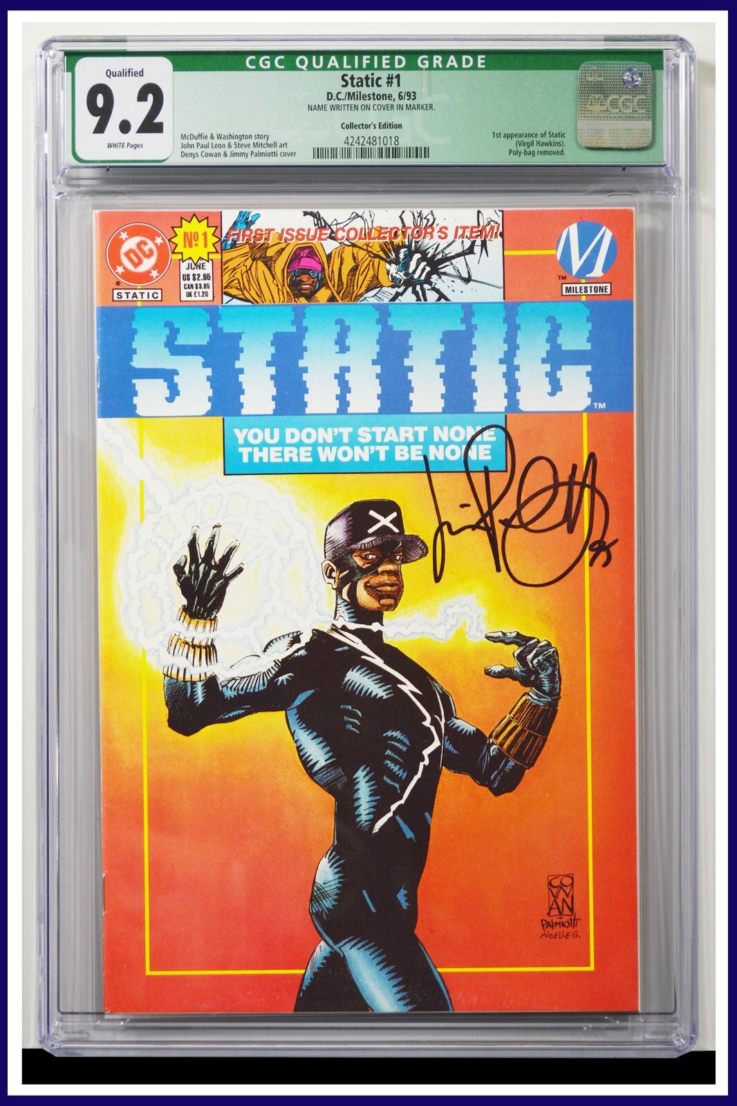 Static #1 CGC Graded 9.2 DC 1993 Signed W/COA Collector's Edition Comic ...