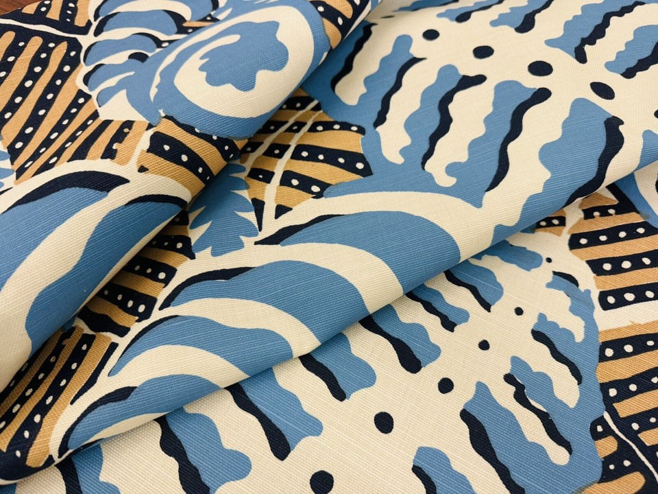 Alan Campbell Quadrille Print Fabric- Ferns Blue Beige on Tint 0.75 yds ...