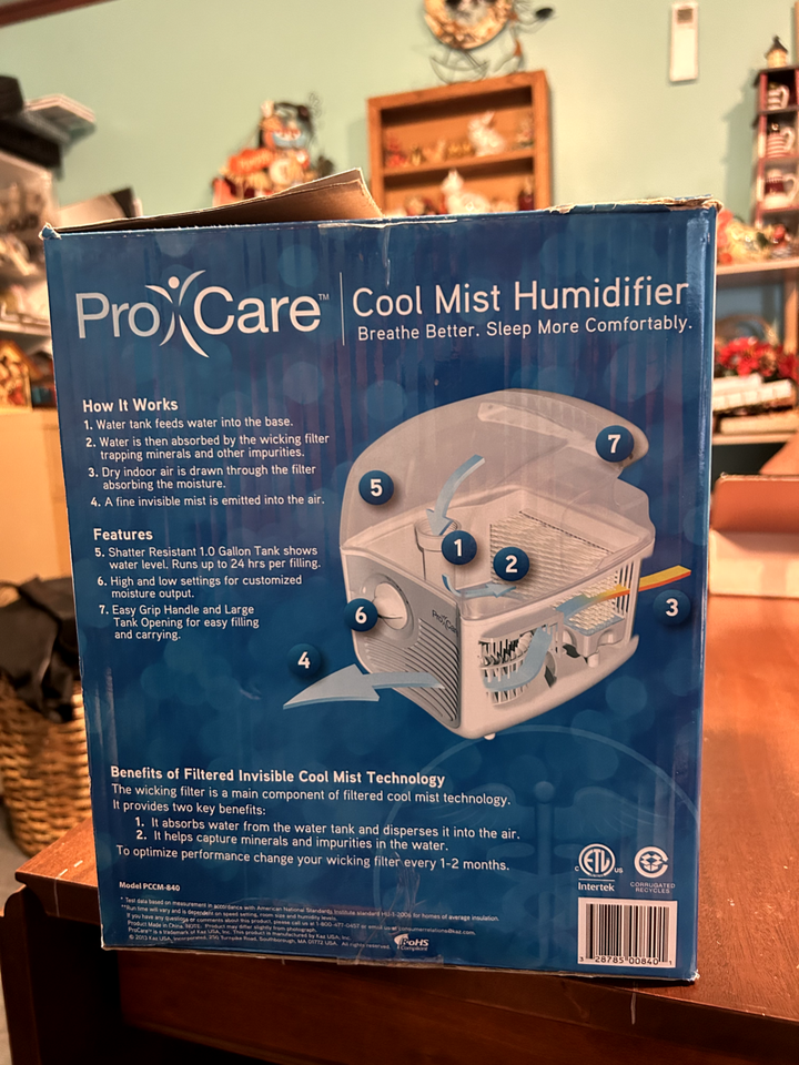 Pro Care Cool Mist Humidifier Model PCCM-840 Tested and Working 250 Sq ...