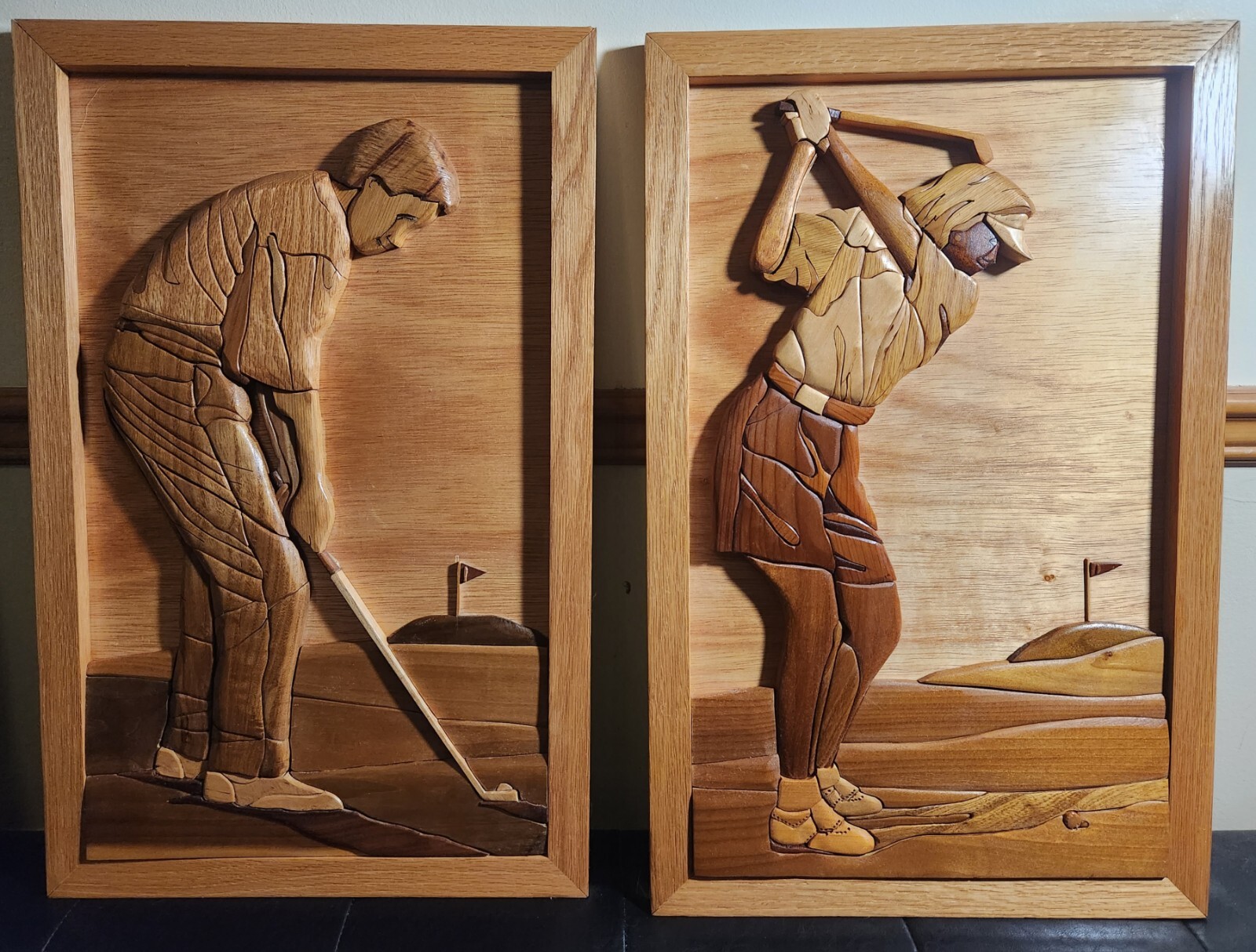 Signed GOLF Inlaid Intarsia Art Wall Hangings SET Mosaic Marquetry ...
