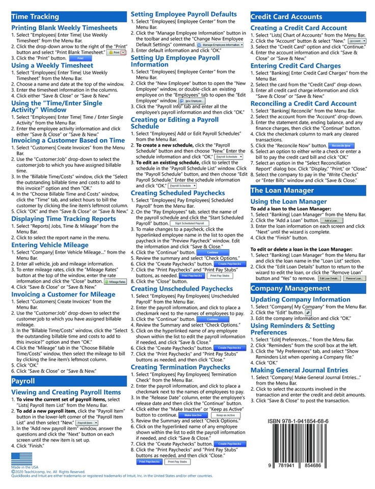 QuickBooks Pro 2021 Training Guide Quick Reference Card 4 Page Cheat ...