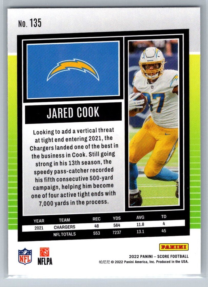 2022 Score #135 Jared Cook Los Angeles Chargers Football Card | eBay