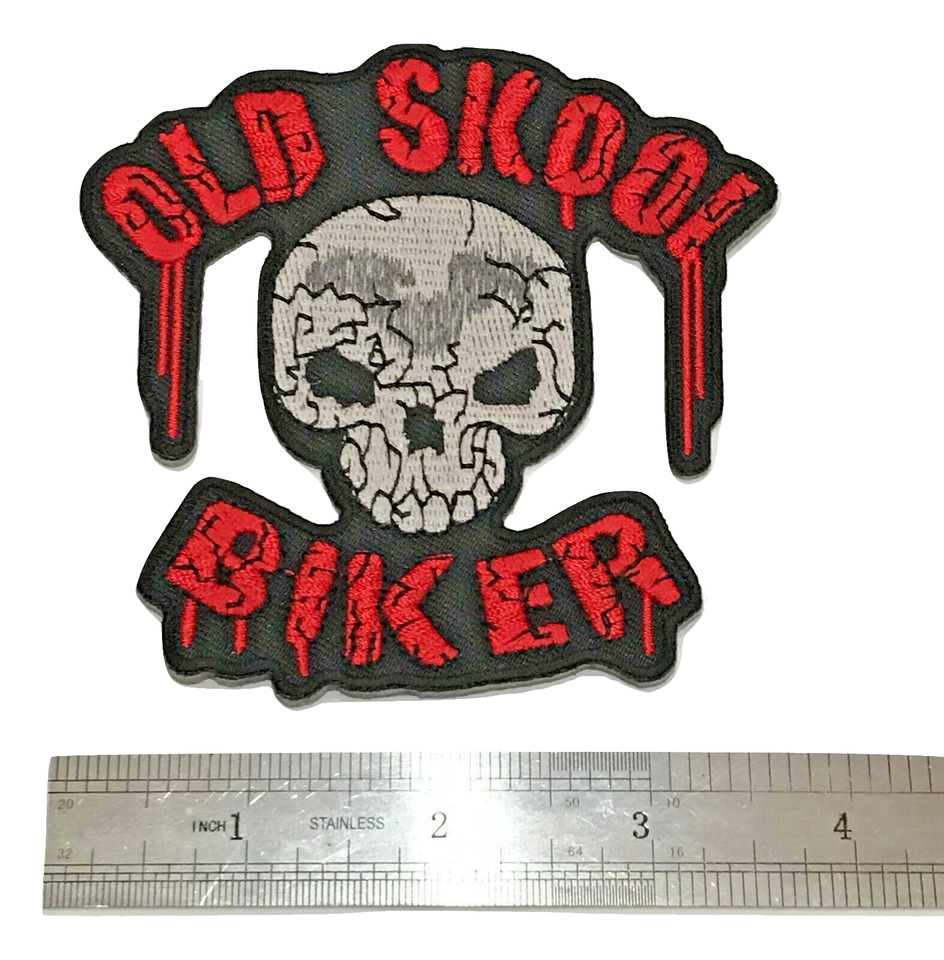 Old Skool Biker Embroidered Patch Grungy Weathered Skull Cracked ...