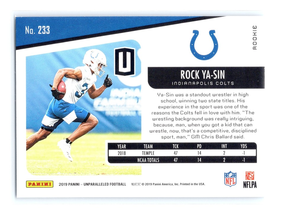 2019 Panini Unparalleled Football #233 Rock Ya-Sin Rookie RC ...
