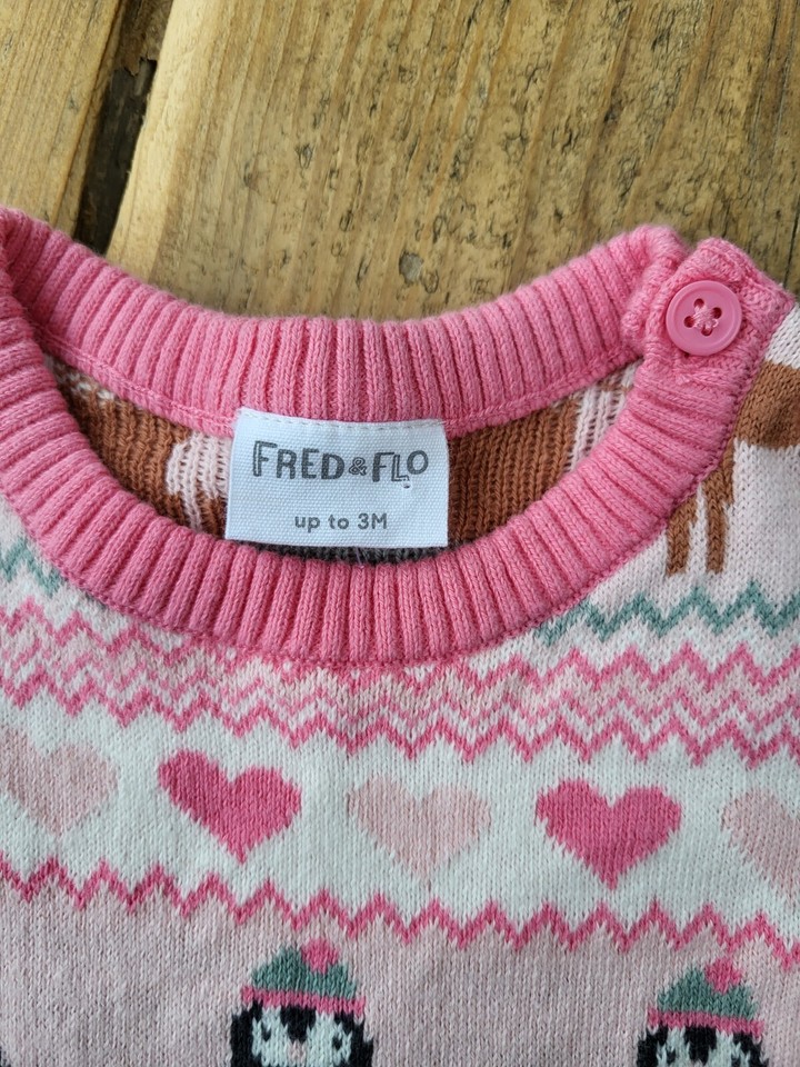 Fred & Flo Pink Knit Christmas Baby Romper Penguin Tree Reindeer Up To ...