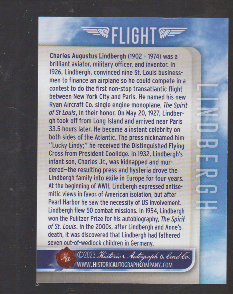 2023 Historic Autograph Company Flight #2 Charles Lindbergh card | eBay