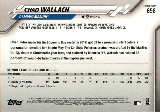 2020 Topps Baseball #658 Chad Wallach RC - Miami Marlins | eBay