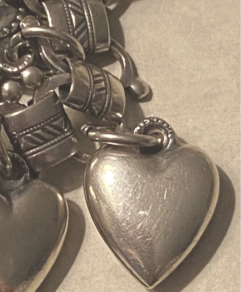 Antiqu Sterling Silver Book ChainBracelet Enamel Puffy Heart Charms W ...