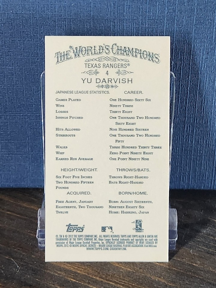 2012 Topps Allen & Ginter Mini #4 Yu Darvish Texas Rangers Rookie | eBay