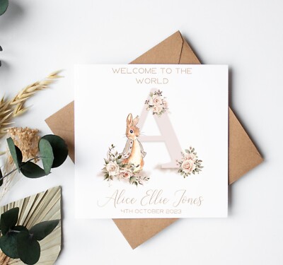 New Baby Card - peter rabbit neutral birth details initial card | eBay UK