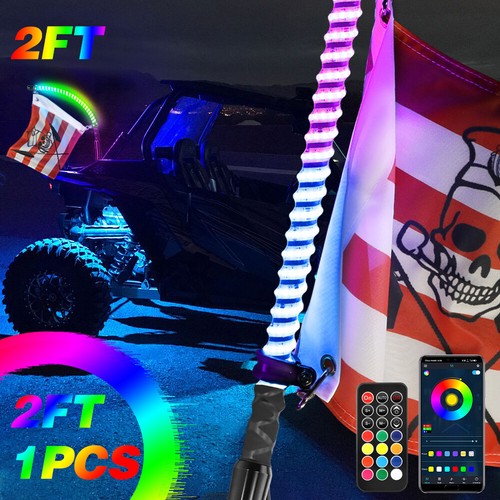 2FT COB RGB LED Antenna Spiral Whip Light W/ Remote ATV UTV Polaris RZR ...