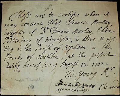 1702 Document Signed Edward Young,Rector of Upham,Certify(Isabel ...