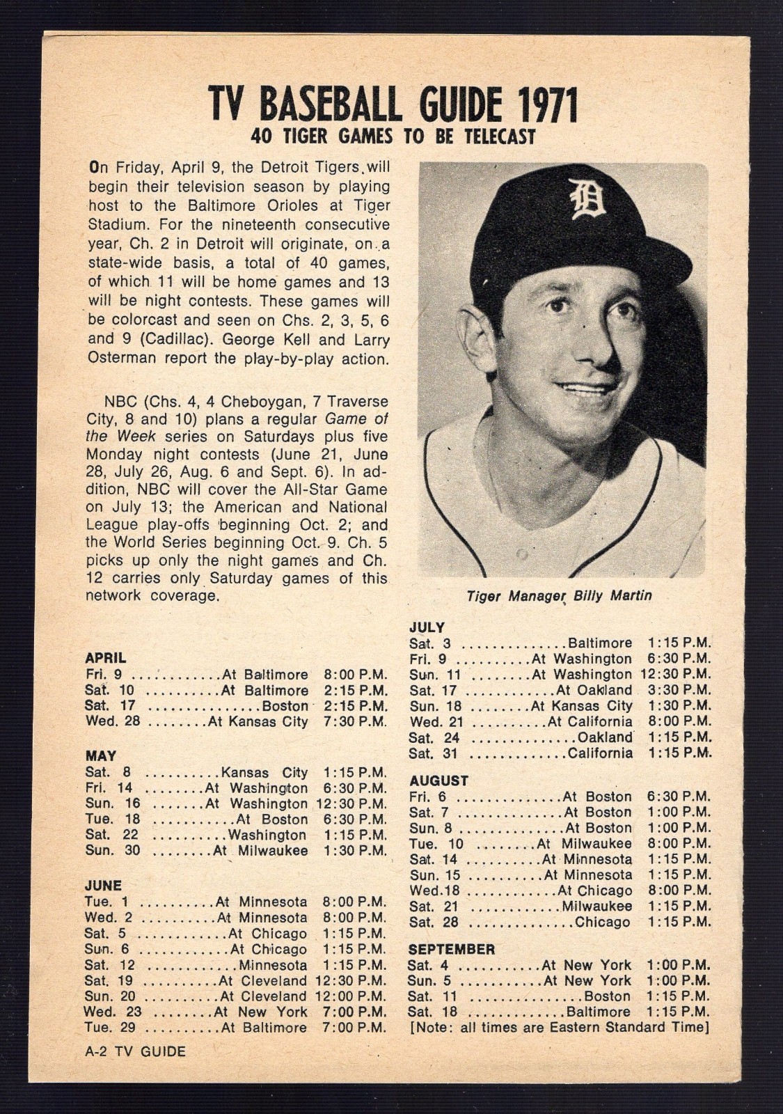 1971 DETROIT TIGERS TV BASEBALL SCHEDULE MANAGER BILLY MARTIN Larry ...