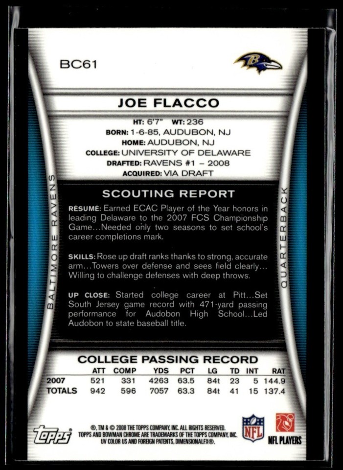 2008 Bowman Chrome Joe Flacco Rookie Baltimore Ravens #BC61 | eBay