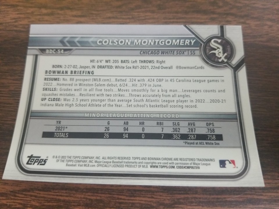 COLSON MONTGOMERY 2022 BOWMAN DRAFT CARD BDC-54 CHICAGO WHITE SOX ...