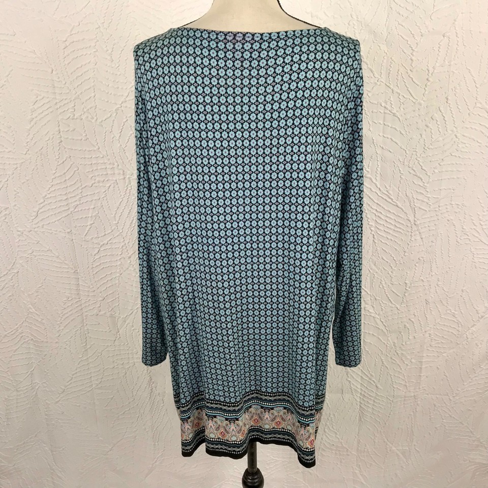 J Jill Boho Tunic Top Shirt XL Blue Border Print Pullover Long Sleeve ...
