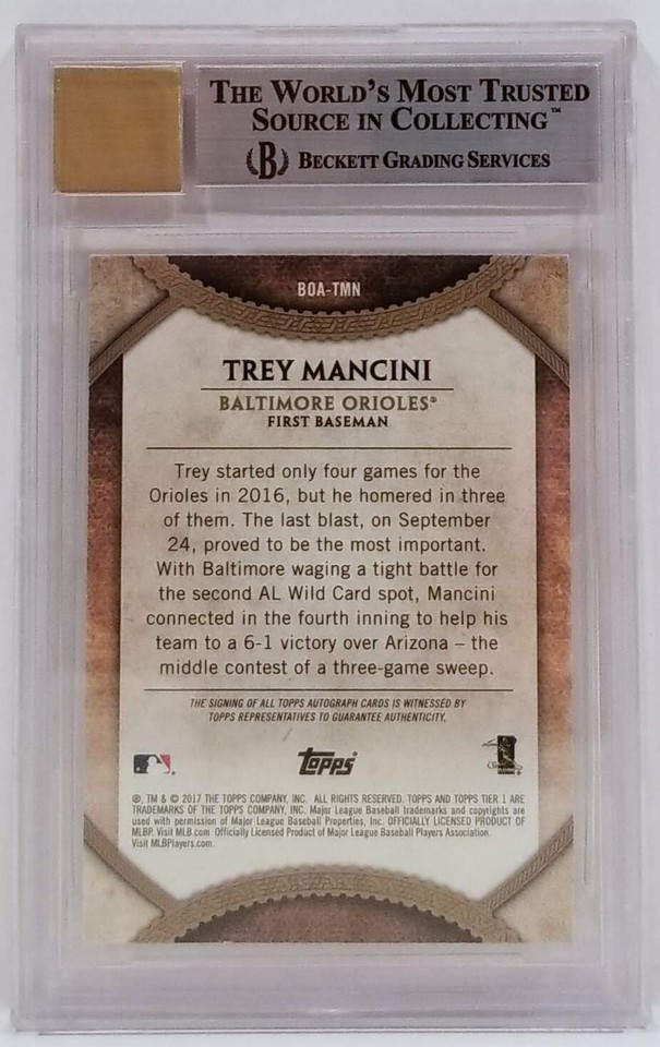 2017 Topps Tier One Trey Mancini RC Break Out Autographs BGS MINT 9 w ...