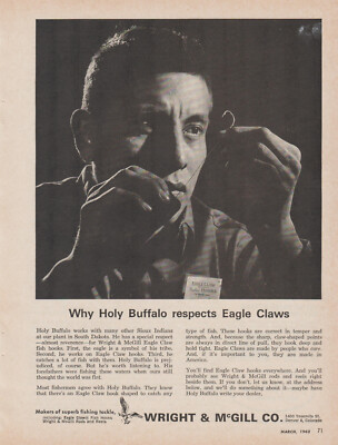 1962 Wright & McGill Eagle Claw Fishing Hooks - Holy Buffalo Sioux - Print Ad | eBay