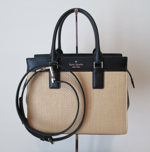 NEW NWT KATE SPADE STRAW STACI MEDIUM SATCHEL CAMERON BLACK LEATHER TRIM | eBay