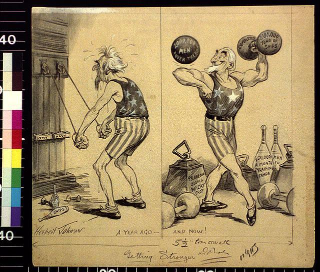 Getting stronger,Uncle Sam,Weight Lifting,Strong Man,c1916,Herbert ...