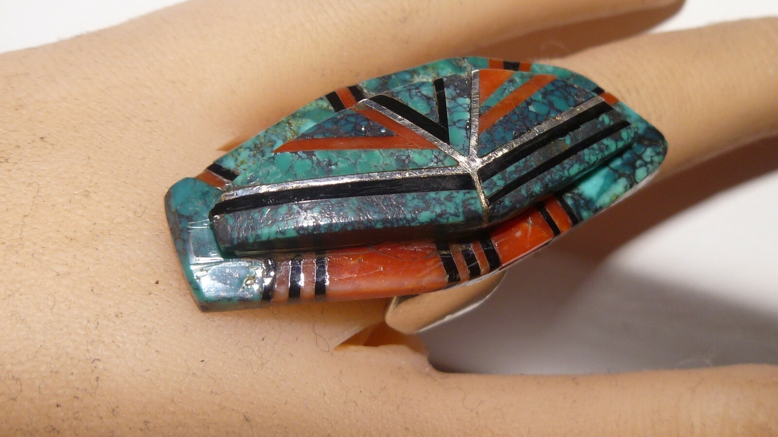 Richard Begay 1943 2013 Inlay Ring Sterling Inlay Turquoise Onyx Red ...