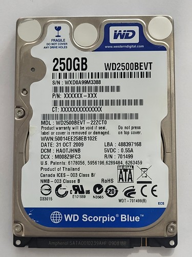 WD2500BEVT-22ZCT0, DCM: HA0TJHNB, OCT 2009, Western Digital 250Gb 2.5 ...