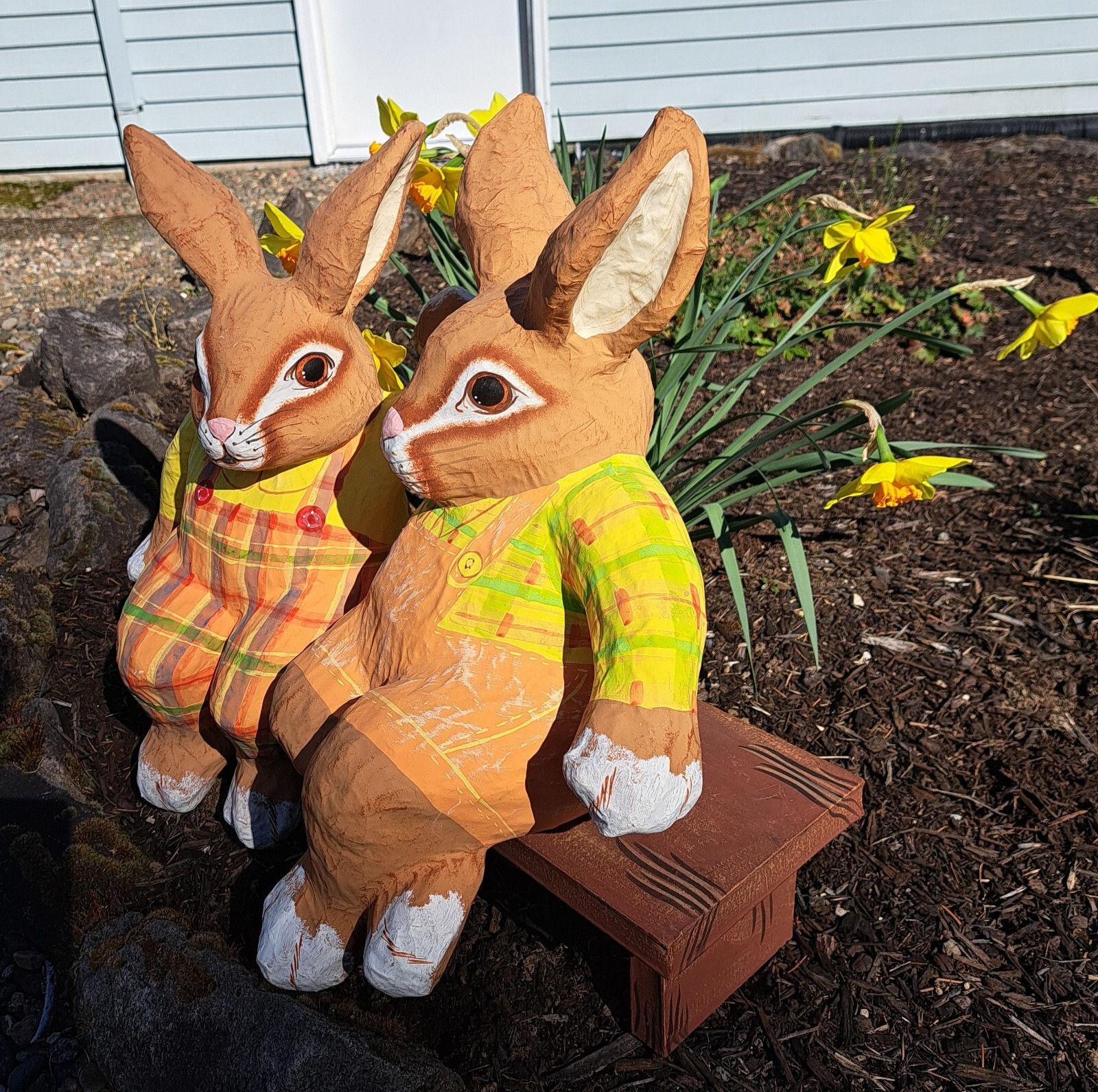 DEPT 56 Paper Papier Mache Easter Bunny Rabbits Plaid Outfits on Bench ...