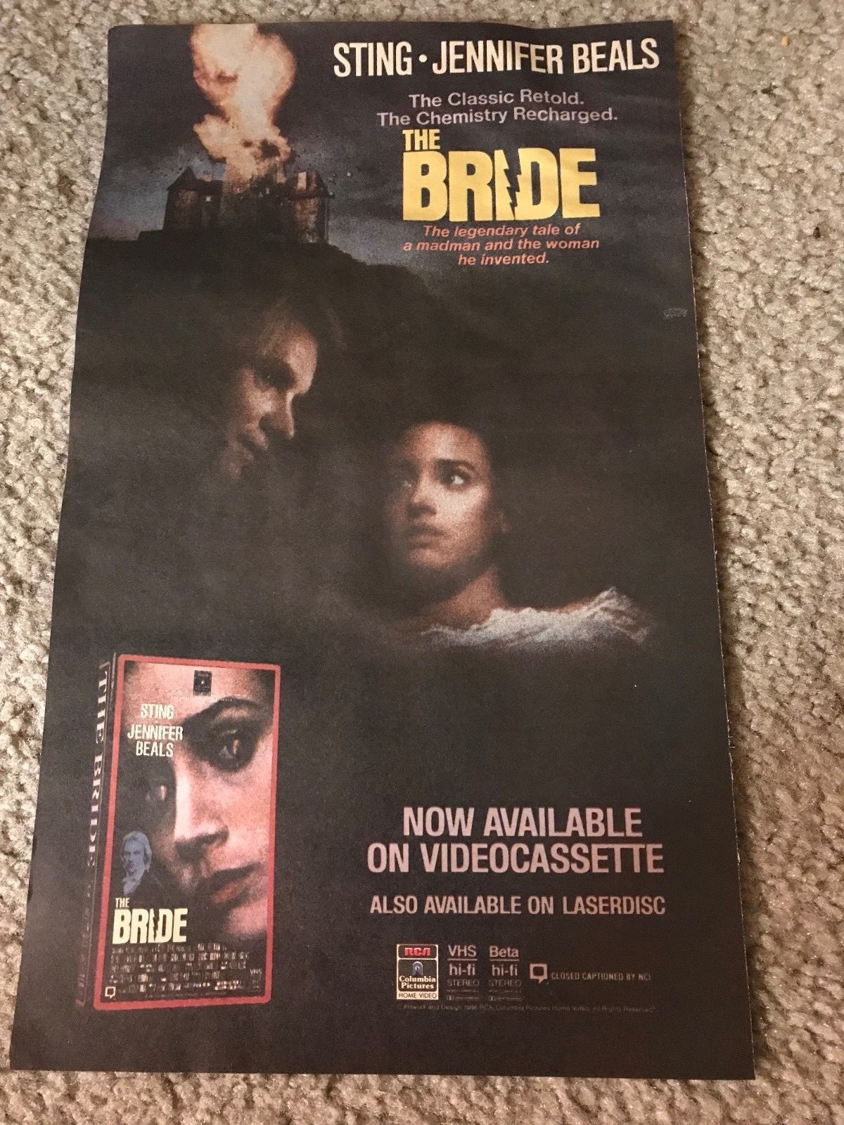 Vintage 1986 THE BRIDE MOVIE VHS LaserDisc Poster Print Ad STING ...