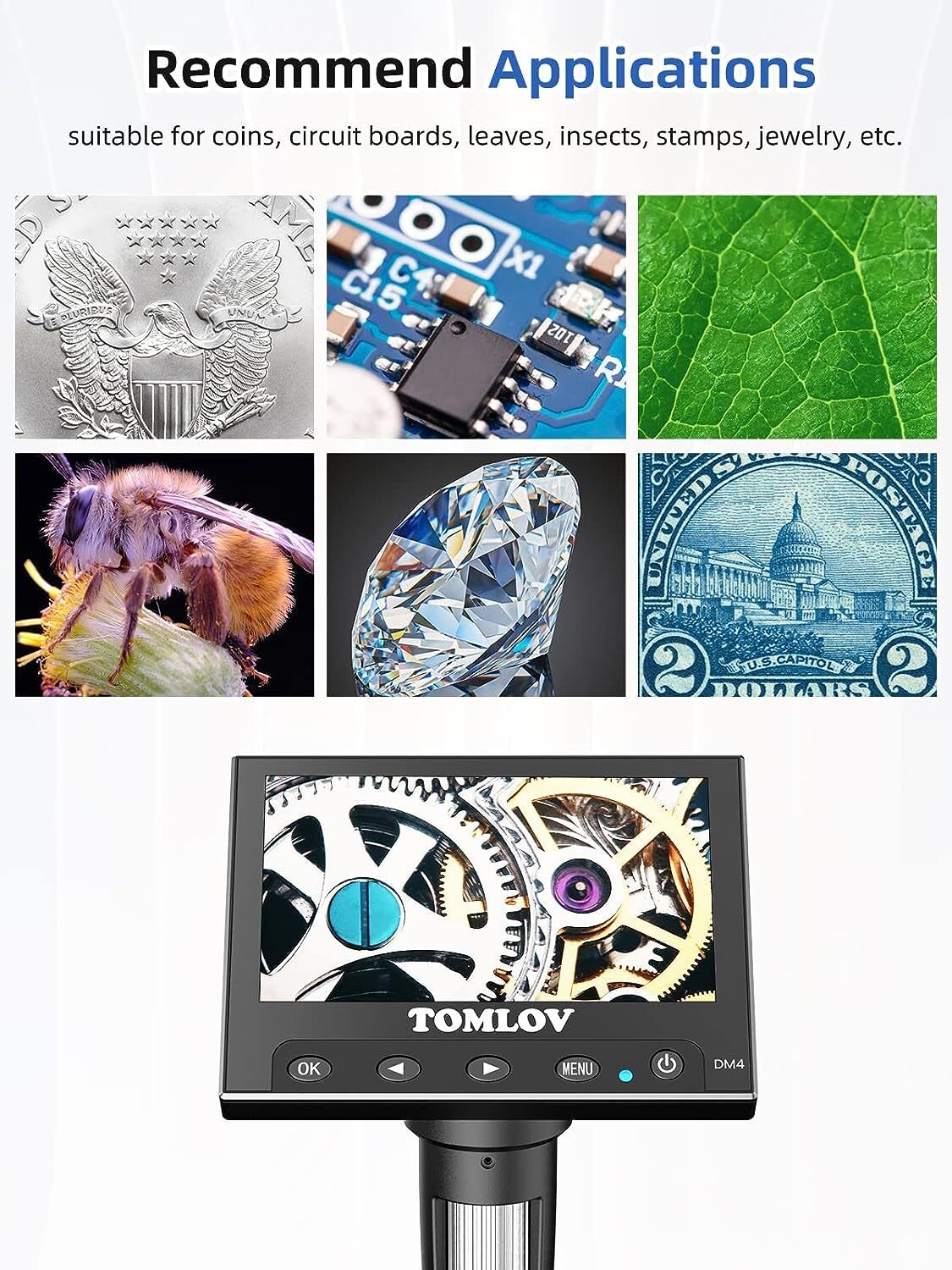 TOMLOV 4.3" 1080P LCD Digital Microscope 1300X Coin Magnifier Soldering ...