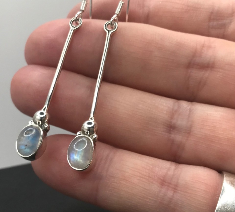 Rainbow moonstone long oval drop earrings, solid Sterling Silver, 55mm ...