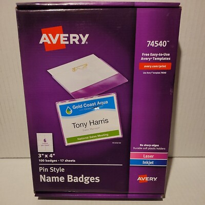 100 Avery Pin Name Badges 3" x 4 " Inserts & Pin Badge NAMETAGS for ...